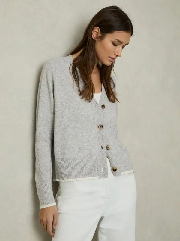 REISS Abigail Tipped V-neck Wool And Cashmere Cardigan