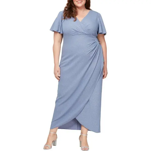 SL FASHIONS Crystal Embellished Faux Wrap Gown - Periwinkle