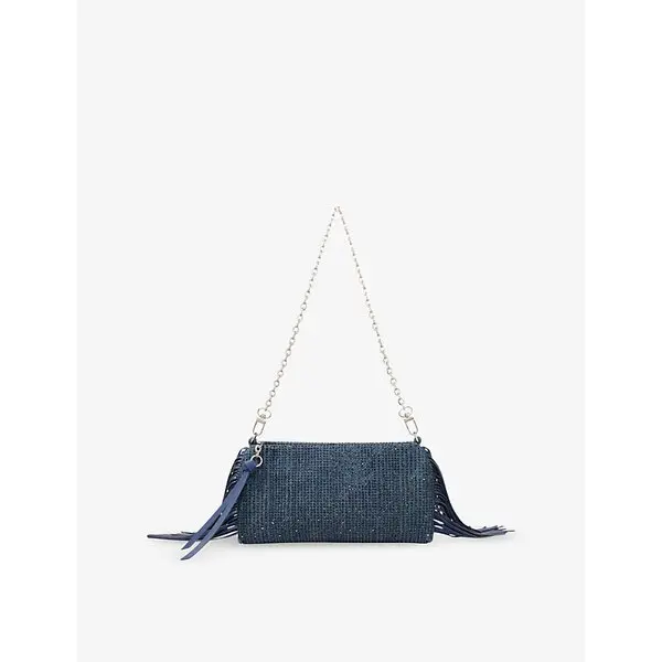 Maje Crystal-embellished Fringed Denim Pouch