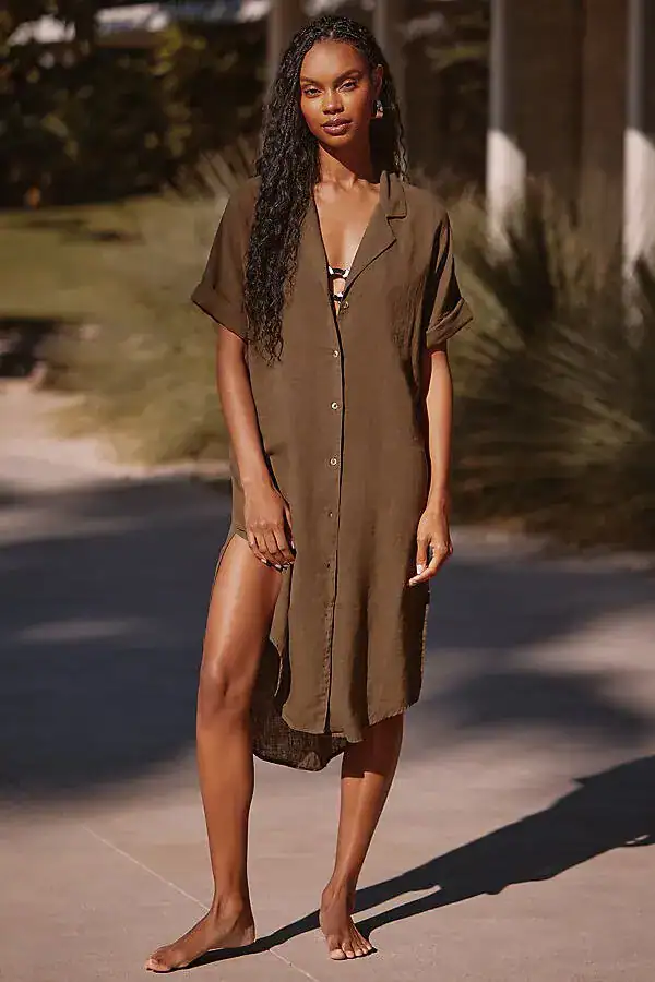 knee length dresses for ladies SA Semi Sheer Patchwork Linen Blend Midi Dress main image 0