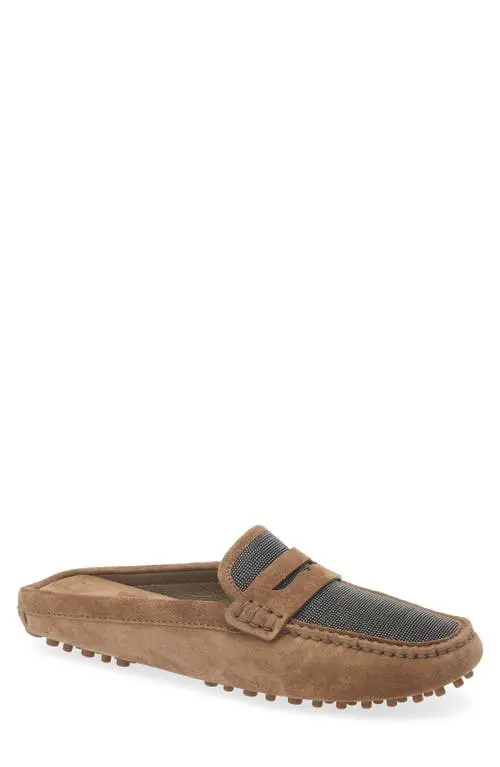 Brunello Cucinelli Monili Suede Loafer Mule - C7495 Brown
