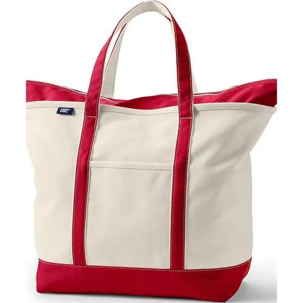 LANDS' END Zip Top Canvas Tote Bag - Natural/heritage Red
