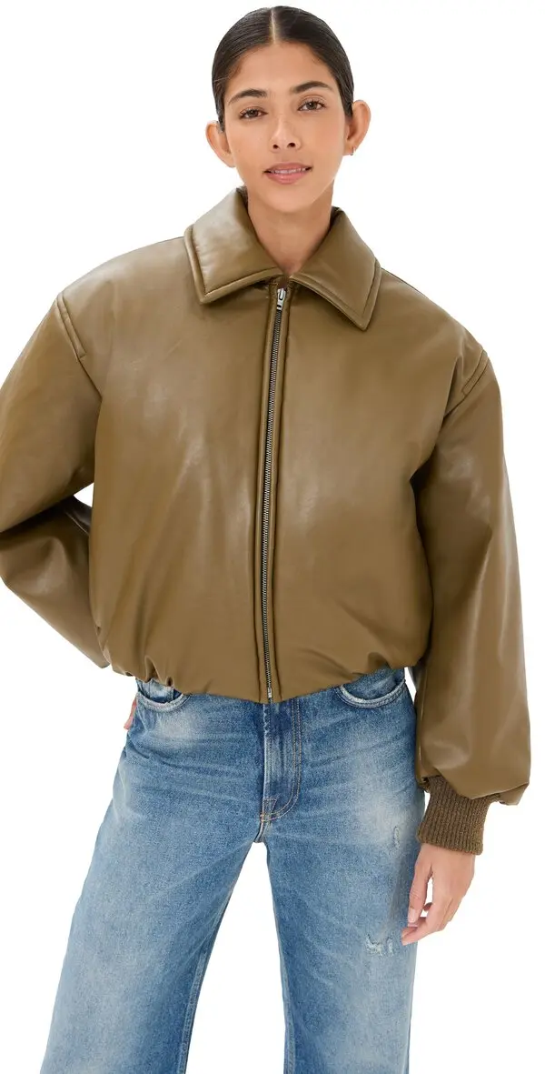 Acne Studios Faux Leather Bomber Jacket - Khaki Green