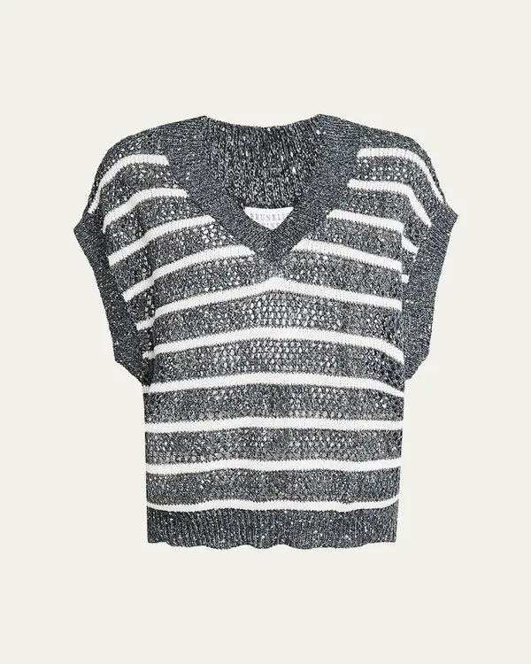 Brunello Cucinelli Antibes Striped Paillette Open-knit Sleeveless Sweater