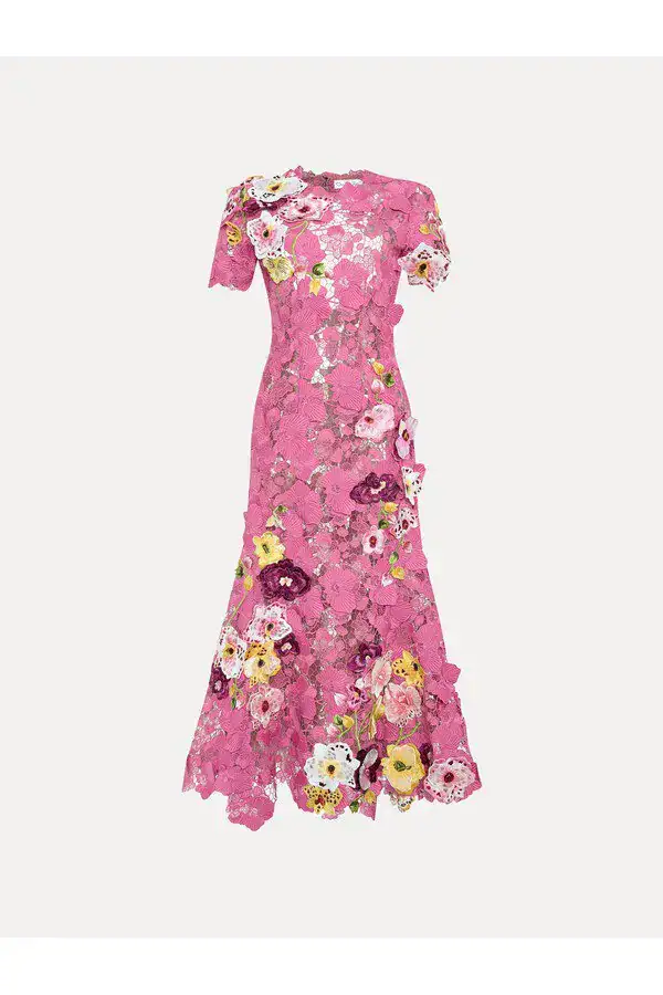 Oscar De La Renta Orchid Embroidered Guipure Gown In Red 50% Off