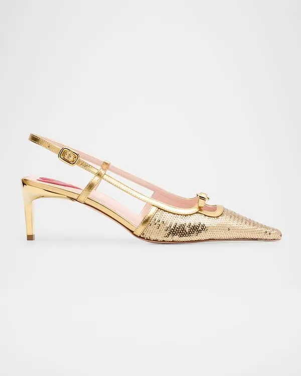 ROGER VIVIER Sequin Buckle Slingback Pumps - Oro Chiaro
