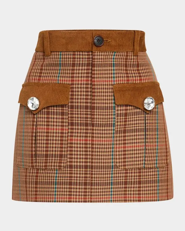 AREA Crystal-button Check Mini Skirt - Caramel Multi
