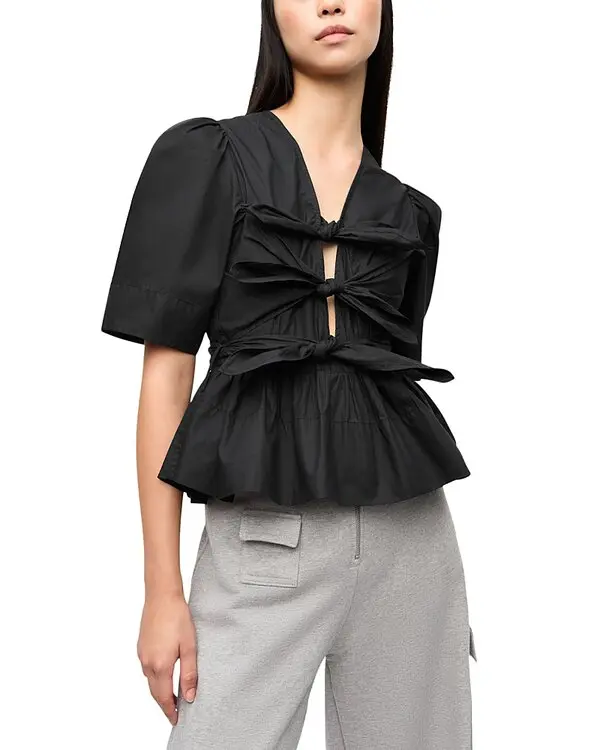 GANNI Tie Front Peplum Top - Black