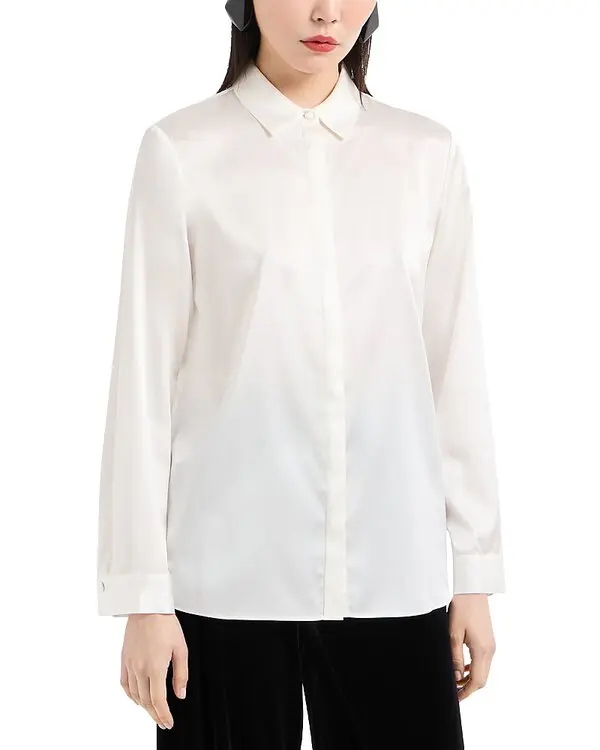 Emporio Armani Stretch Silk Satin Long Sleeve Button Down Blouse - White