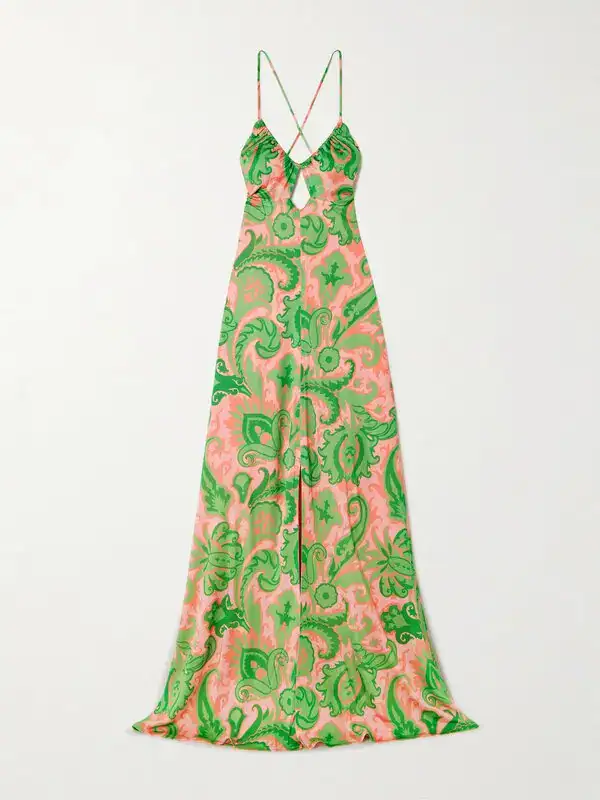 Etro Cutout Printed Satin Maxi Dress In Green - 60% Off | Editorialist