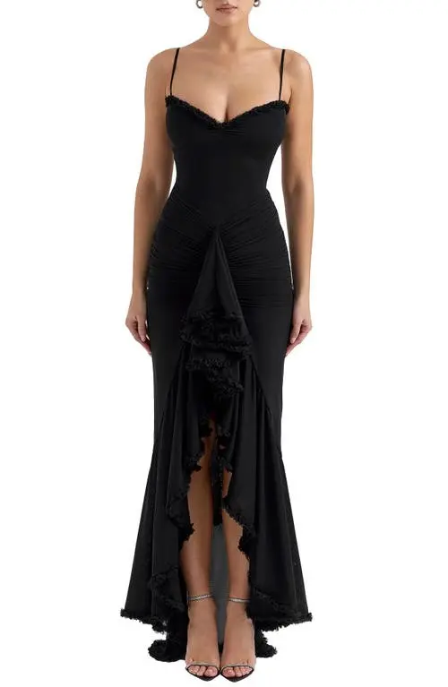 House Of Cb Gabbi Ruffle Front Gown - Black