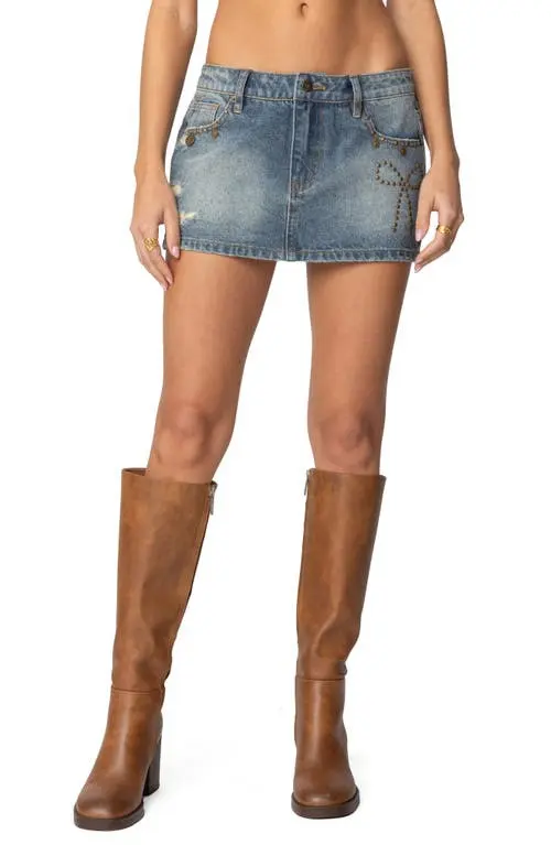 EDIKTED Studded Bow Distressed Denim Miniskirt