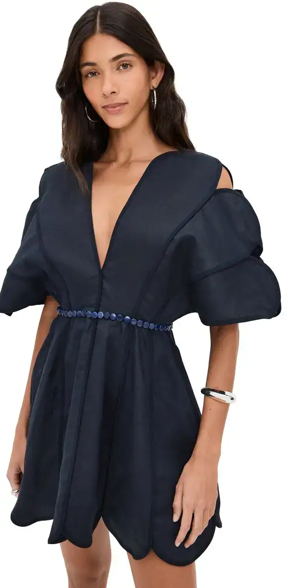 knee length dresses for ladies Mykonos Cruise Linen-Blend Mini Dress in Navy – Impressions Online Boutique