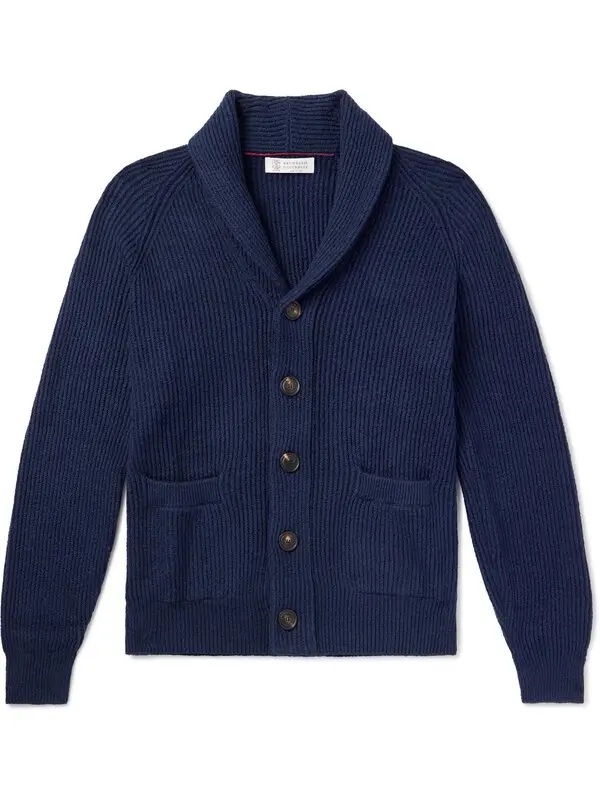 Brunello Cucinelli Shawl-collar Ribbed Cotton Cardigan - Blue