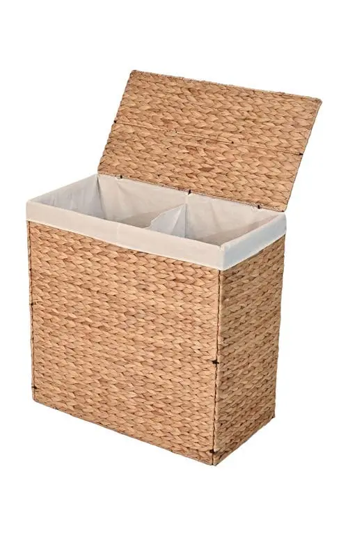 HAPPIMESS Sawyer Classic Farmhouse Handwoven Hyacinth 2-section Collapsible Laundry Hamper With Washable Liner, Handles - Natural