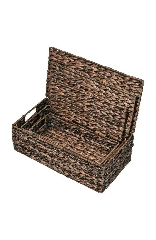 HAPPIMESS Sandrine Classic Farmhouse Handwoven Hyacinth Storage Baskets With Handles And Lids - Brown