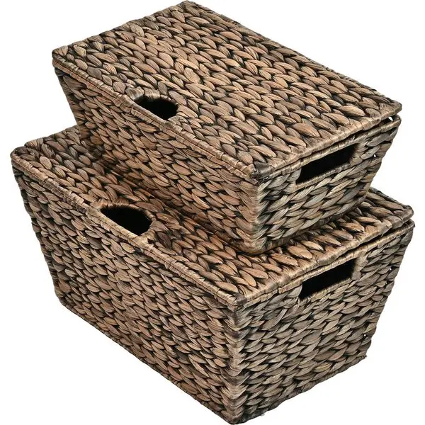 HAPPIMESS Wilder Classic Farmhouse Woven Hyacinth Rectangular Storage Baskets With Lids And Handles - Brown