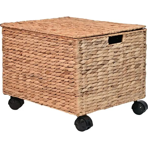 HAPPIMESS Ashton Classic Farmhouse Handwoven Hyacinth Rolling Filing Basket With Lid And 360 Degree Lockable Wheels - Natural