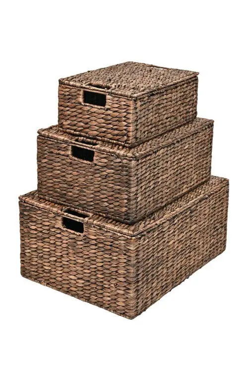 HAPPIMESS Brooks Classic Farmhouse Woven Hyacinth Rectangular Storage Baskets With Lids And Handles - Brown
