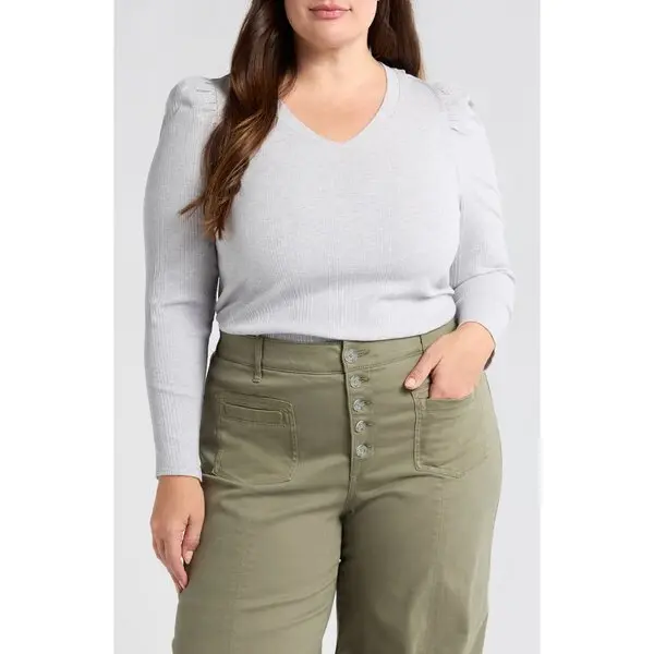 Wit & Wisdom Puff Shoulder Rib Top - Heather Grey