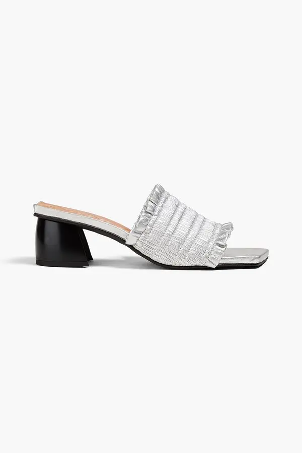 GANNI Shirred Metallic Mules - Silver