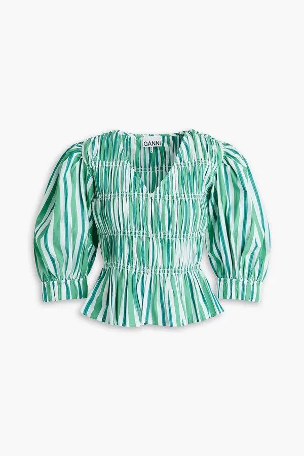 GANNI Shirred Striped Cotton-poplin Blouse