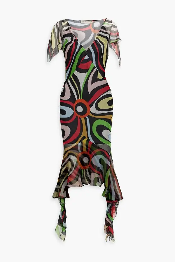 Emilio Pucci Asymmetric Printed Silk-georgette Dress - Black