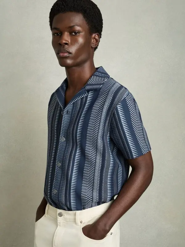 REISS Archer Aztec-stripe Cuban-collar Shirt