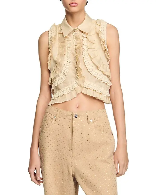 Sandro Ruffled Crop Shirt - Sand