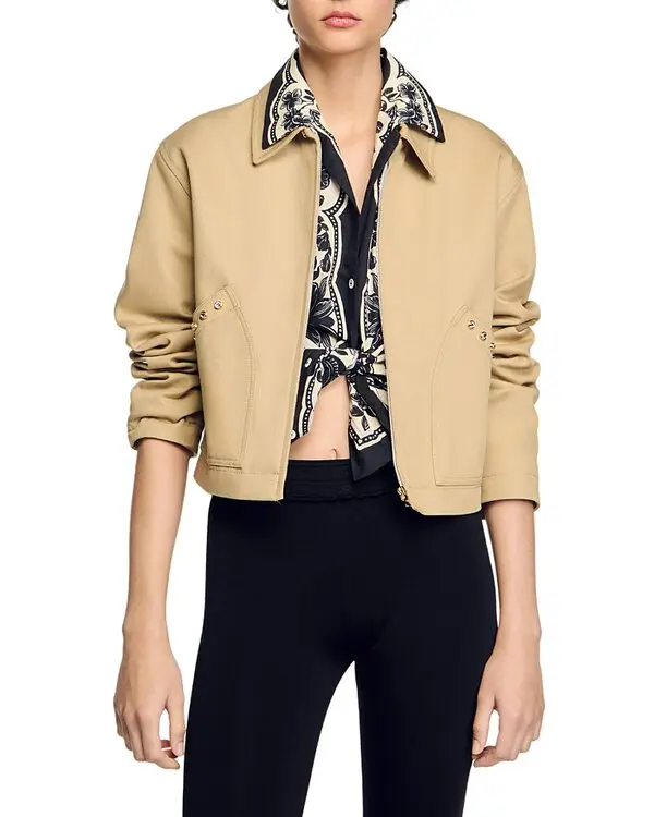 Sandro Rhinestone Crop Jacket - Beige