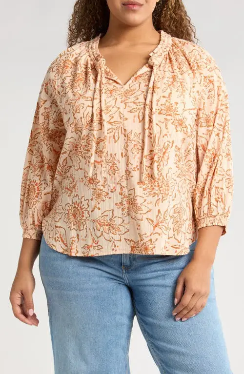 Wit & Wisdom Floral Peasant Top - Peach Pie/ Clementine Multi