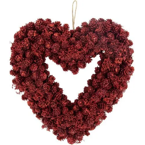 NORTHLIGHT Pine Cone Rose Valentine's Day Wooden Heart Wreath14" - Red