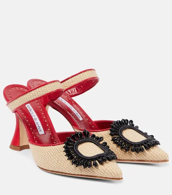 Manolo Blahnik Atika 90 Embellished Raffia Mules - Beige