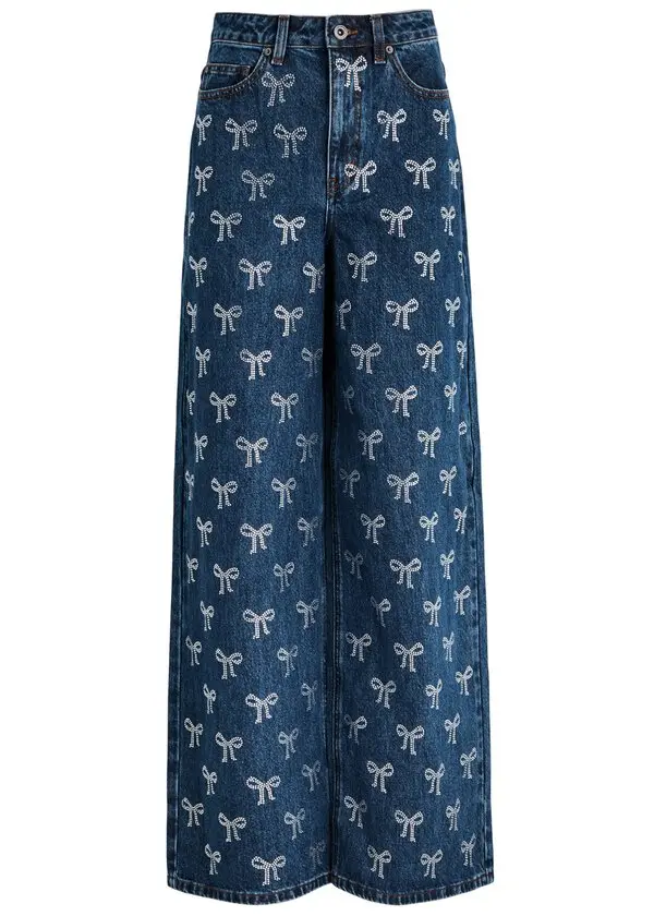 SELF-PORTRAIT Bow-embellished Wide-leg Jeans - Denim