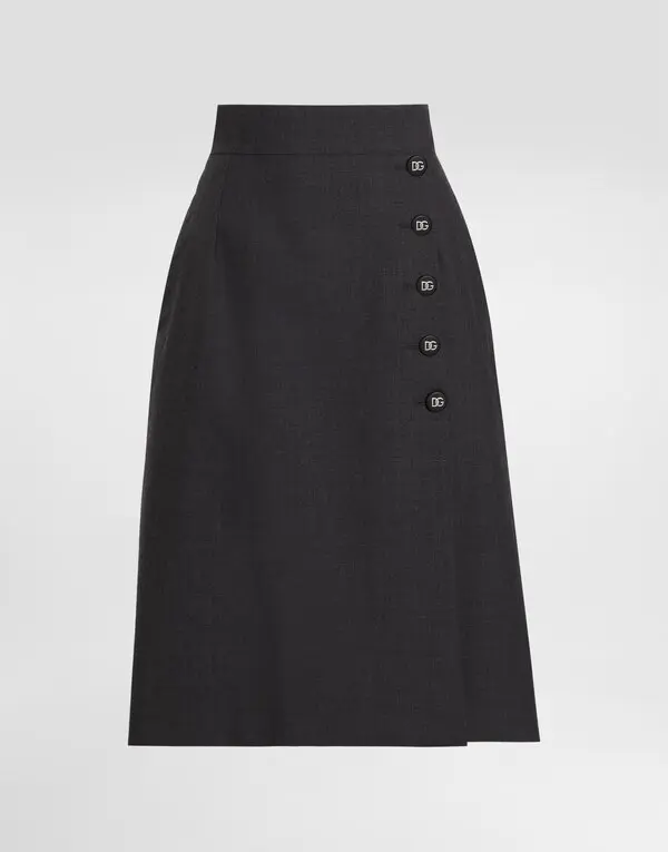 Dolce & Gabbana Woolen A-line Midi Skirt With Dg Buttons - Grey