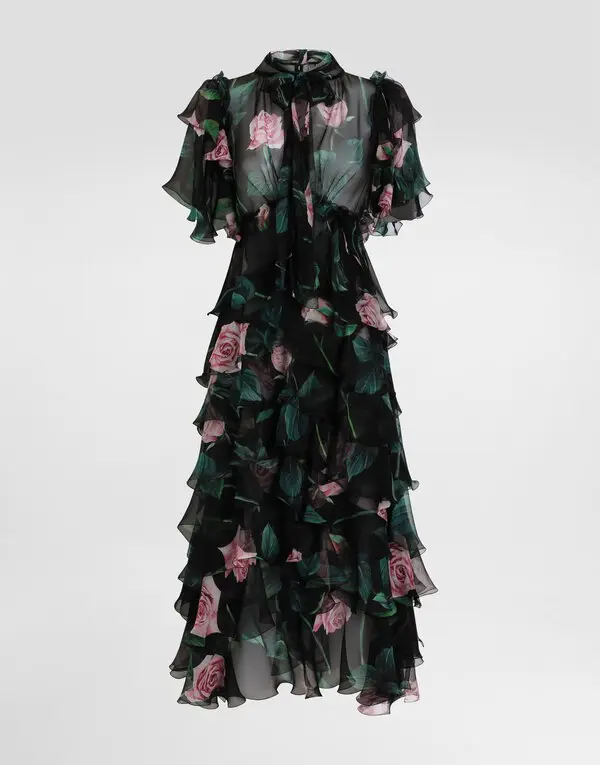 Dolce & Gabbana Rose- Chiffon Calf-length Dress With Ruffles And Flounces