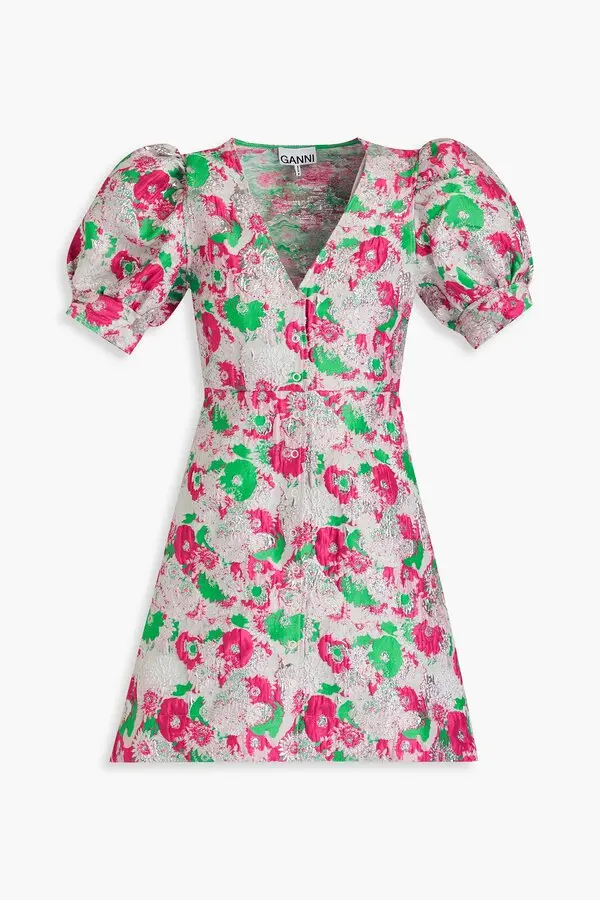 GANNI Metallic Brocade Mini Dress - Fuchsia