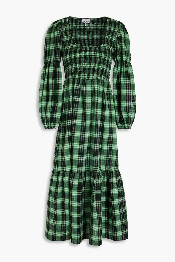 GANNI Checked Cotton-blend Seersucker Midi Dress - Green