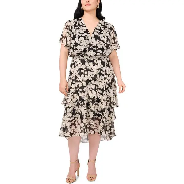 Vince Camuto Floral Tiered Flutter Sleeve Midi Dress