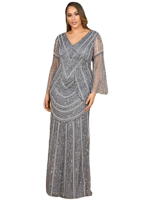 LARA NEW YORK Long Sleeve Beaded Gown - Grey