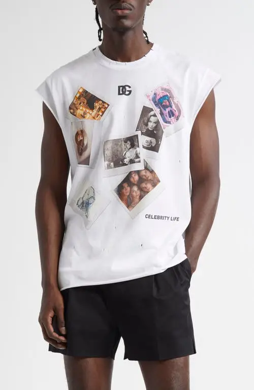 Dolce & Gabbana Postcard Print Distressed Cotton Muscle Tee