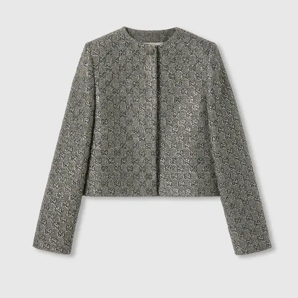 Gucci Embroidered Gg Wool Tweed Jacket - Grey