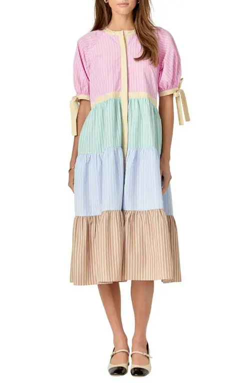 English Factory Colorblock Stripe Tiered Shirt Dress