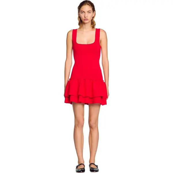 Sandro Mini Knit Ruffled Dress - Red