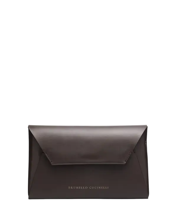 Brunello Cucinelli Envelope Flap Leather Clutch Bag - Brown