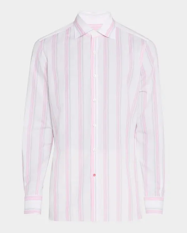 Isaia Cotton And Linen Stripe Casual Button-down Shirt - Whitepink