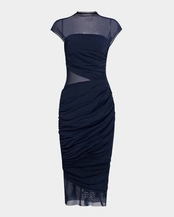 SER.O.YA Tabitha Ruched Mesh Midi Dress - Sapphire