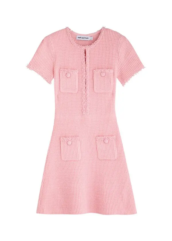 self portrait pink knit mini dress Pink Textured Flared Knit Mini Dress – self-portrait-US
