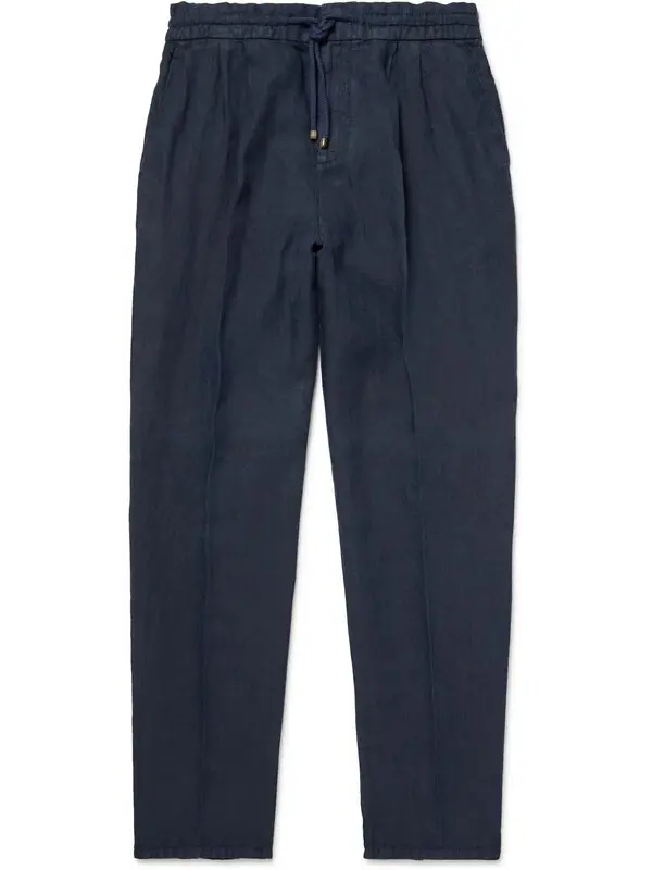 Brunello Cucinelli Straight-leg Pleated Linen-twill Drawstring Trousers - Blue
