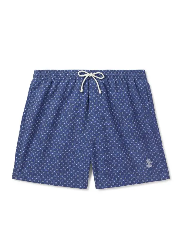 Brunello Cucinelli Straight-leg Mid-length Logo-embroidered Printed Swim Shorts - Blue
